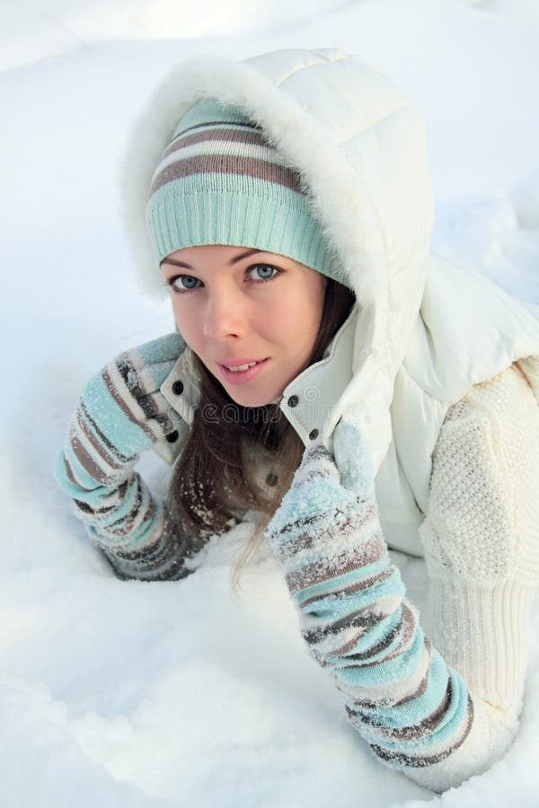 The girl in snow stock image. Image of lady, face, gauntlets - 12878429
