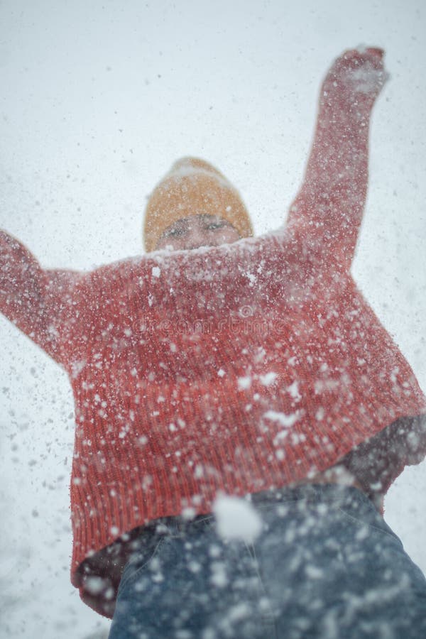 Girl in snow flakes stock photo. Image of yellow, people - 262908476