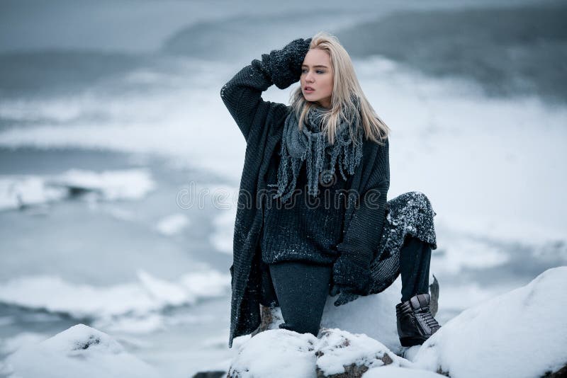 Girl in Snow on Winter Background. Stock Image - Image of scarf, adult ...