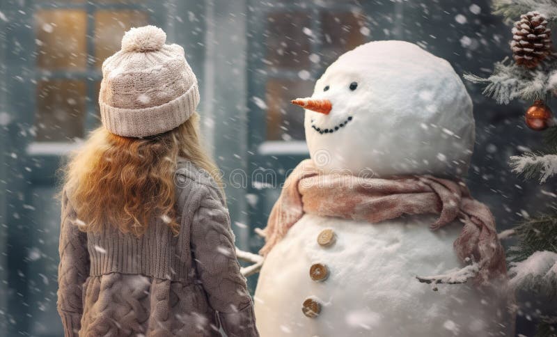 Girl and Snowman stock illustration. Illustration of outside - 342337403