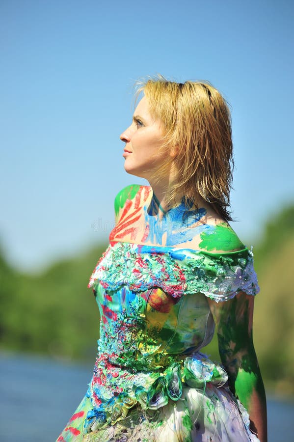 The girl soiled by a paint stock image. Image of finger - 14444921