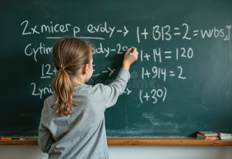 Girl Solving Math Equations on Classroom Chalkboard Stock Illustration ...