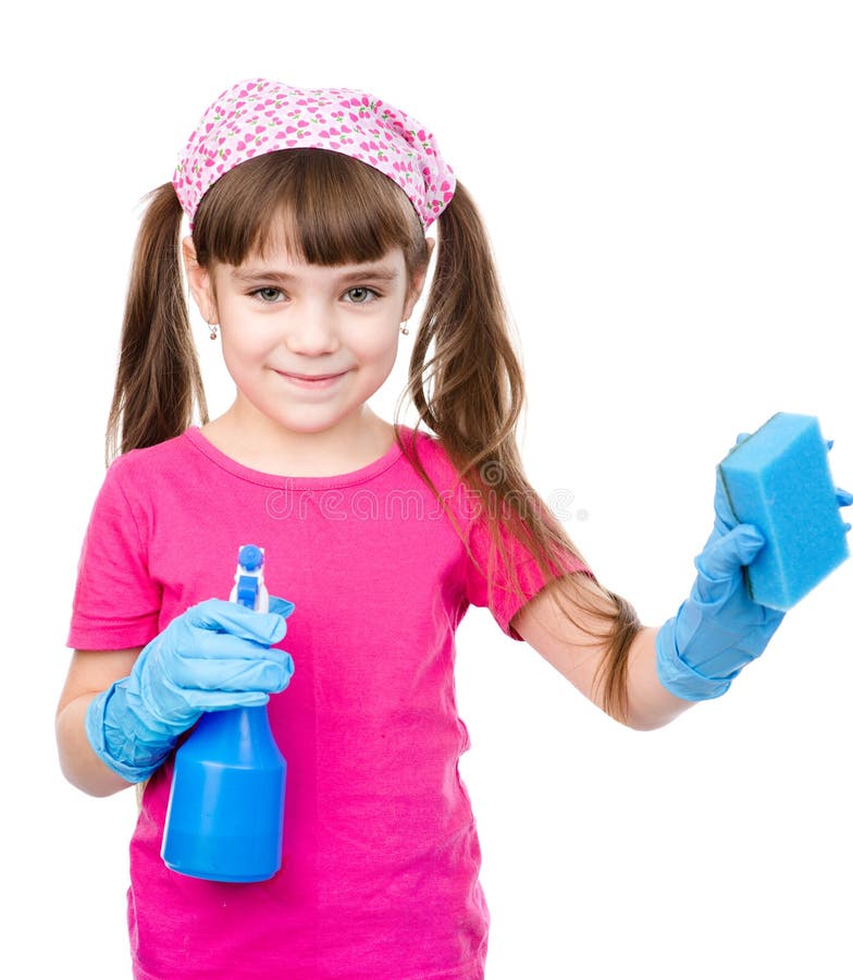Girl with Spray and Sponge in Hands Ready To Help with Cleaning ...