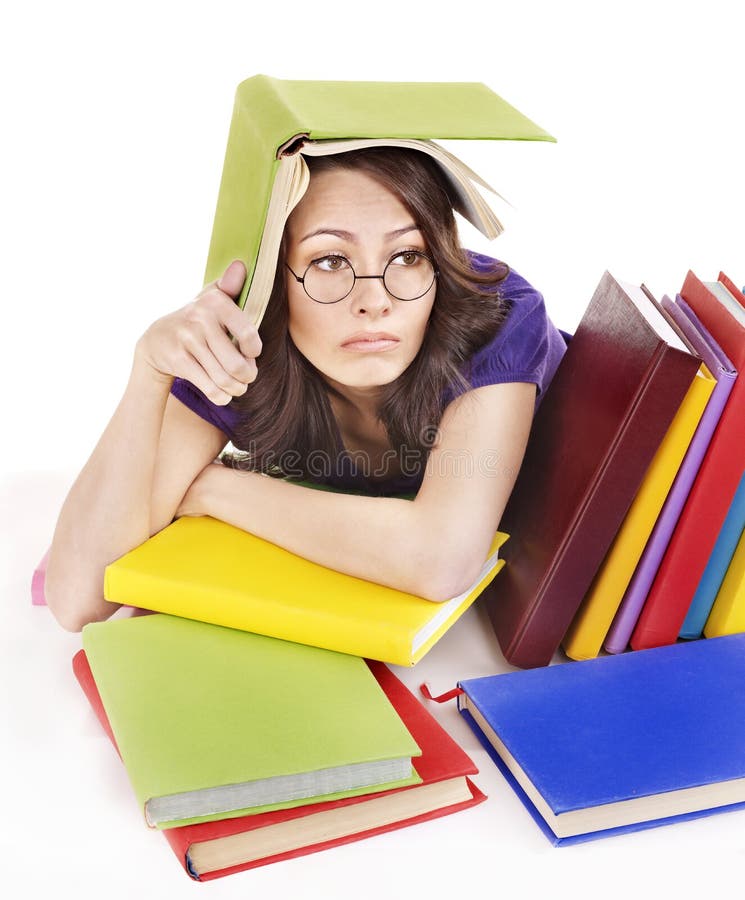 Girl with Stack Color Book . Stock Image - Image of homework, glasses ...