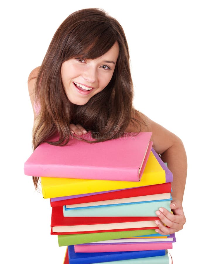 Girl with Stack Colored Book . Stock Photo - Image of back, literature ...