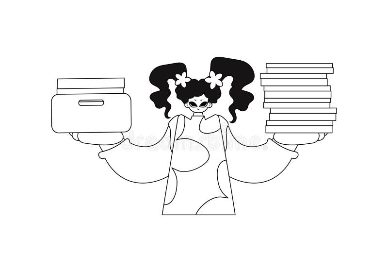 Girl Stacks of Paperwork. Created Line Art and Vector Graphics. Stock ...