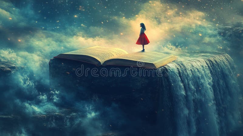 Girl Standing on Book, Waterfall Background. Fantasy Concept Stock ...