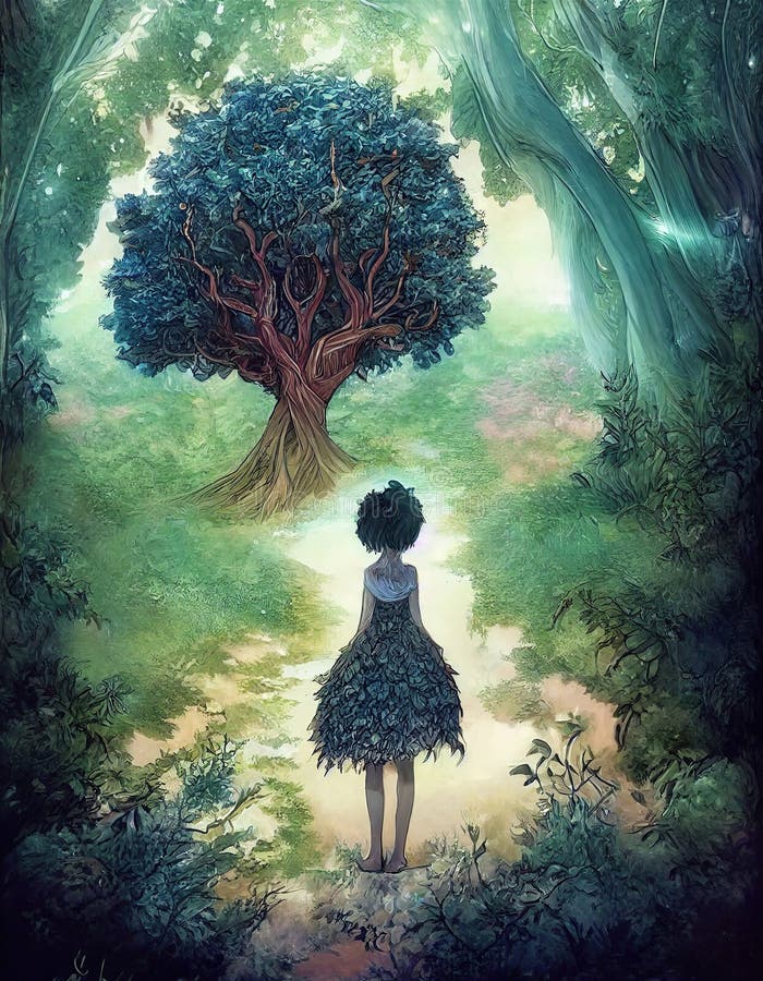 Girl Standing in a Forest in Front of a Magic Tree, Fairytale Story, Ai ...