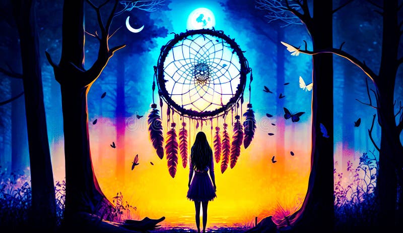 Girl Standing in Front of Dream Catcher in Forest at Night. Generative ...