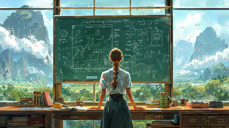 A Girl is Standing in Front of a Green Chalkboard with a Math Problem ...