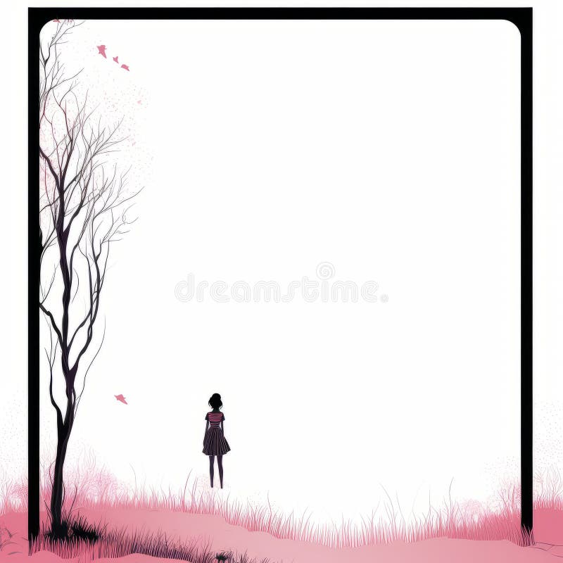 A Girl is Standing in Front of a Pink Tree Stock Illustration ...