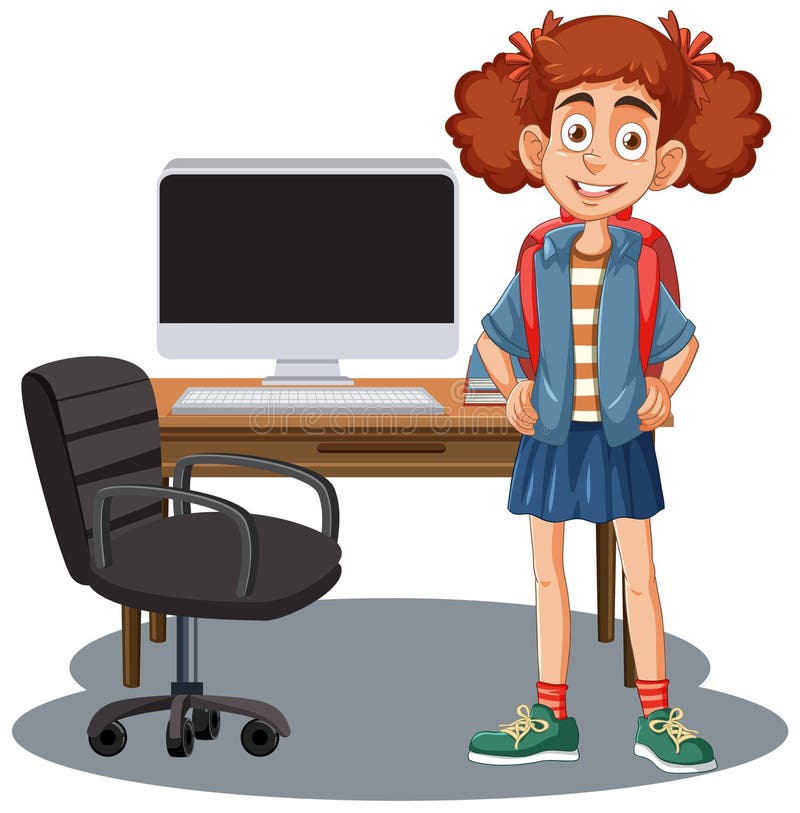 A Girl Standing by Her Computer Desk Stock Vector - Illustration of ...