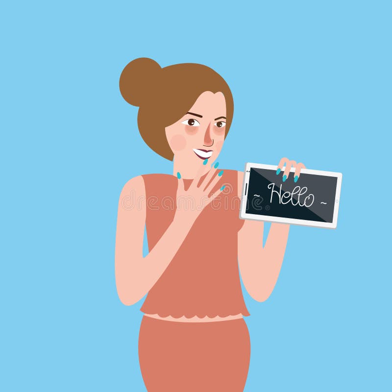 Girl Standing Holding Tablet Screen Says Hello Greetings Welcome Stock ...