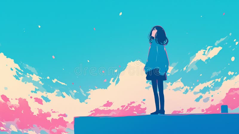 A Girl Standing on a Ledge Looking Out Over the Clouds, AI Stock ...