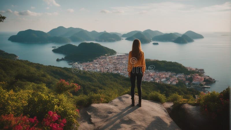 A Girl Standing on a View Point Stock Illustration - Illustration of ...