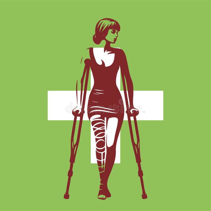 A Girl Stands on Crutches with a Plastered Leg in a Vector Stencil ...