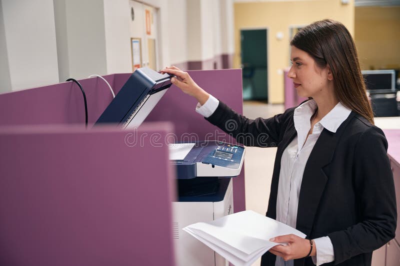 Girl Stands in the Office Near the Printer Stock Image - Image of women ...