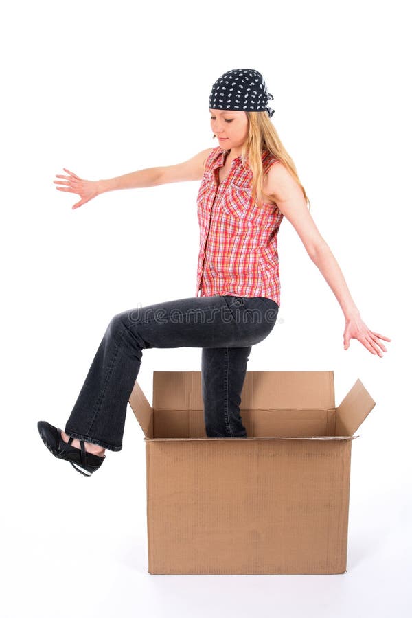 Girl Stepping Out of the Box Stock Image - Image of denim, move: 4865335