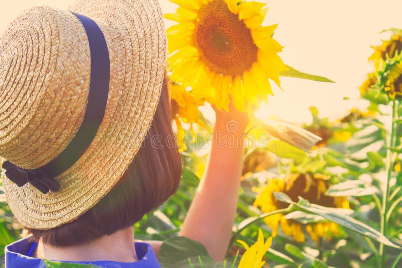 Girl In Straw Hat Holding Beautiful Sunflower Against Sunflower Field