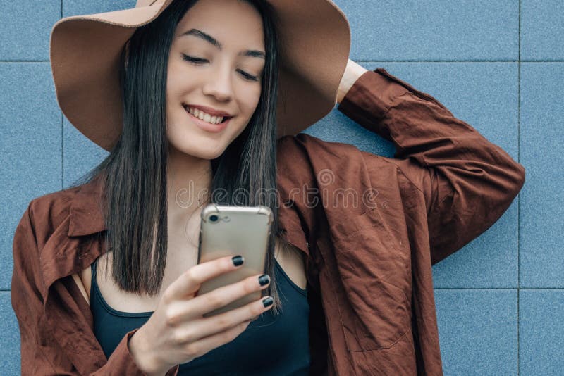 Girl in the Street with Mobile Phone Stock Photo - Image of bank ...