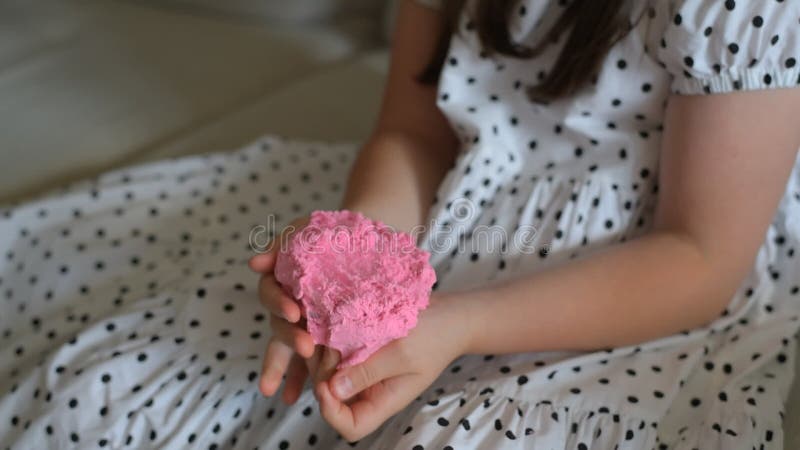Girl Stretching Slime. Girl Playing with Pink Slime Stock Footage ...