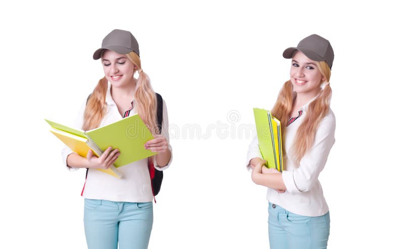 The Girl Student with Books on White Stock Image - Image of happy ...