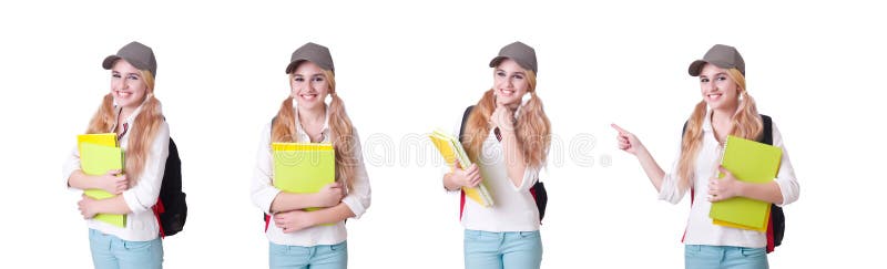The Girl Student with Books on White Stock Photo - Image of collage ...