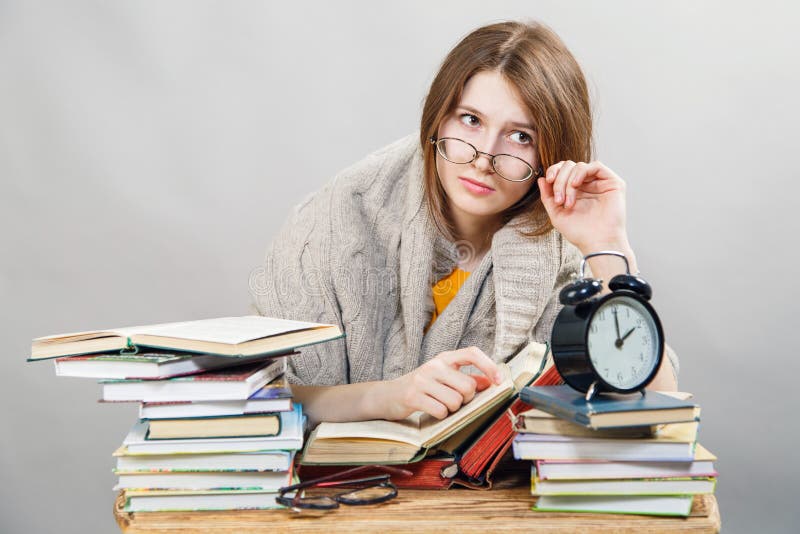Girl Student with Glasses Reading Books Stock Image - Image of head ...