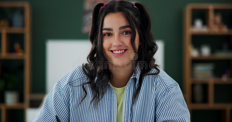Girl, Student and Happy Face in Home or Study Room for University Exams ...