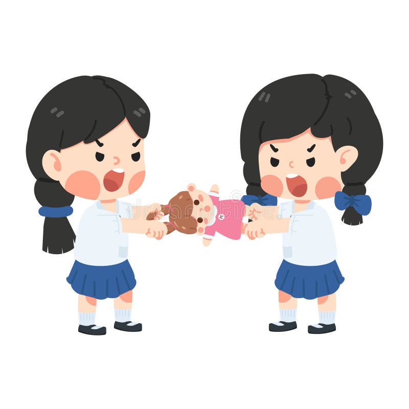 Girl Student Pulling Doll with Friend and Feel Angry Stock Vector ...