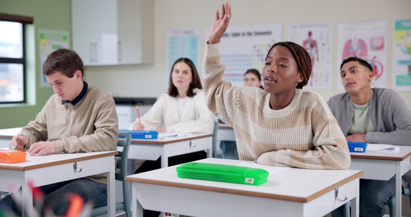 Girl, Student and Raised Hand for Answer in Classroom with Question ...