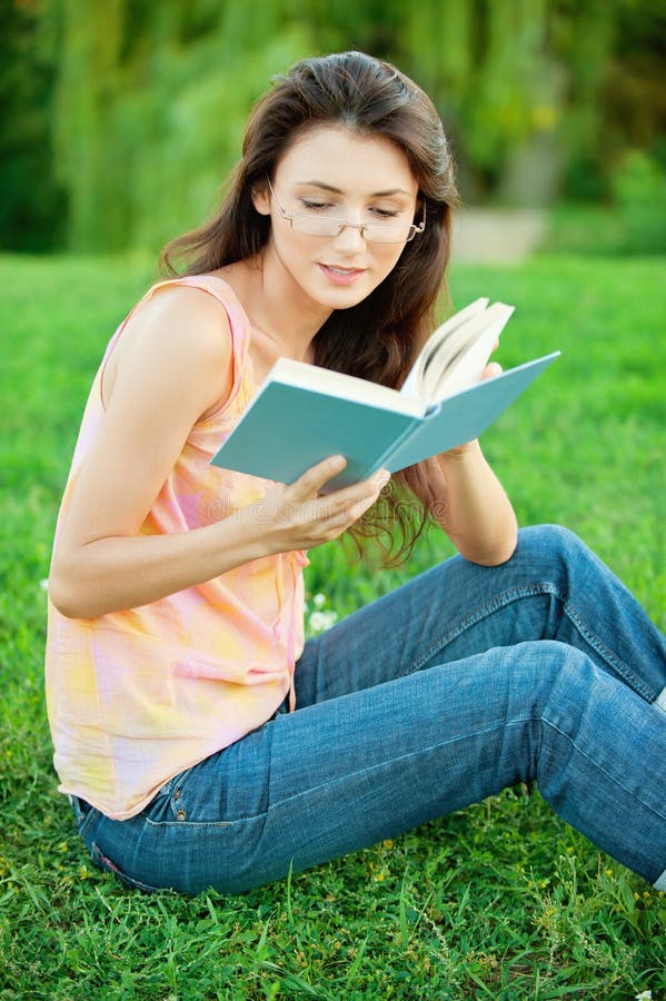 Girl-student Read a Textbook. Stock Image - Image of glasses, face ...
