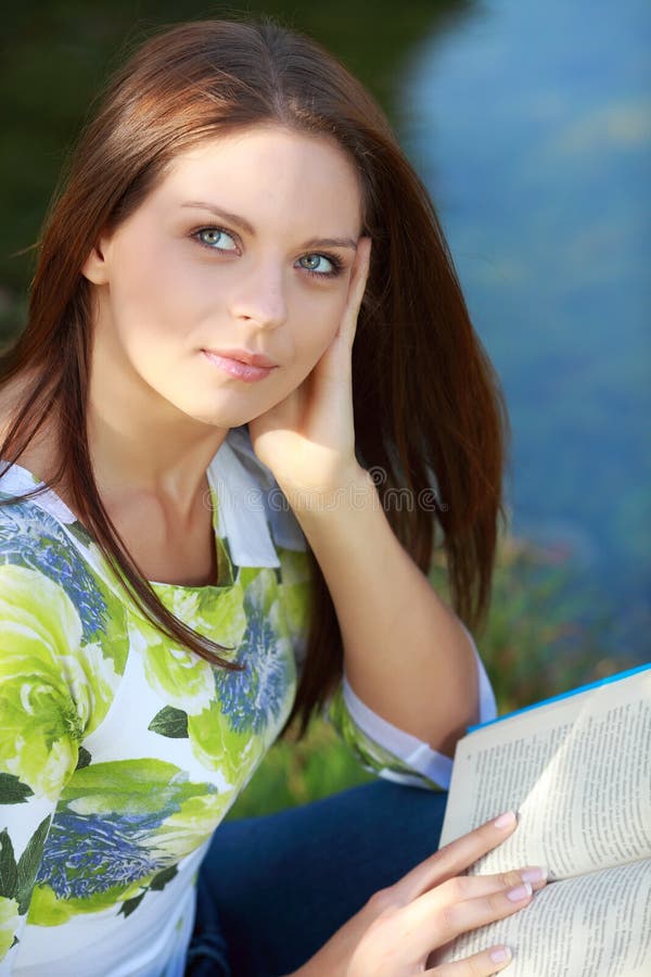 Girl Student Reading Book in Autumn Park. Stock Image - Image of green ...