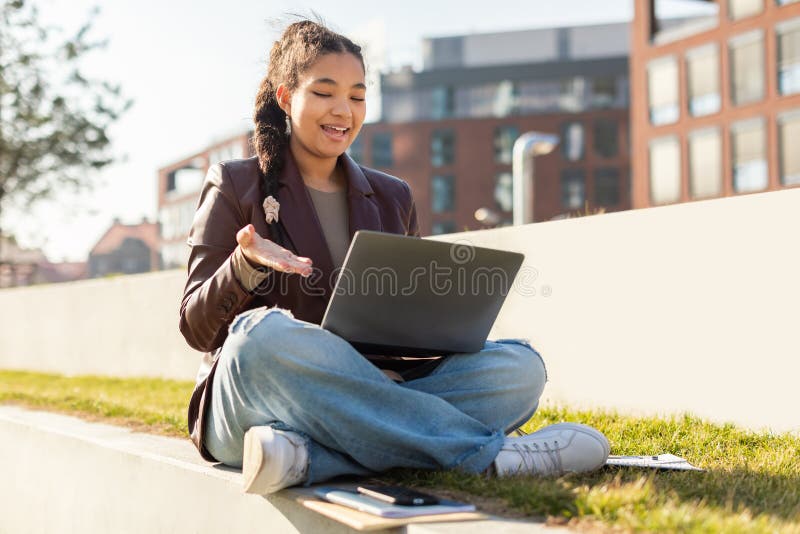 Girl Student Sitting on Ground Using Laptop, Studying Stock Photo ...