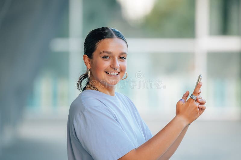 Girl or Student in the Street with Mobile Phone Stock Image - Image of ...