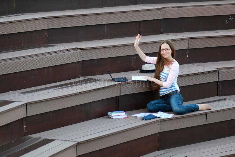 Girl Student Study Homework Outdoor Stock Photo - Image of schoolbag ...