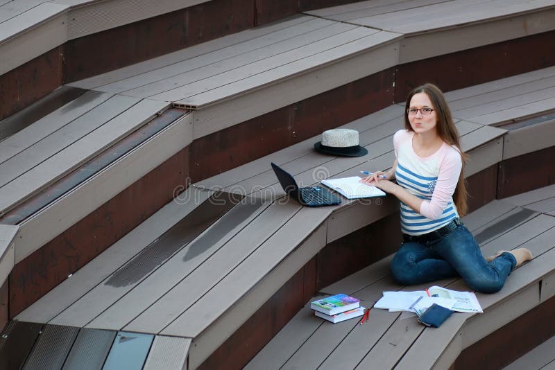 Girl Student Study Homework Outdoor Stock Image - Image of computer ...