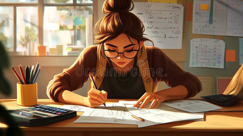 Girl Student Studying Illustration Stock Photo - Image of work, room ...