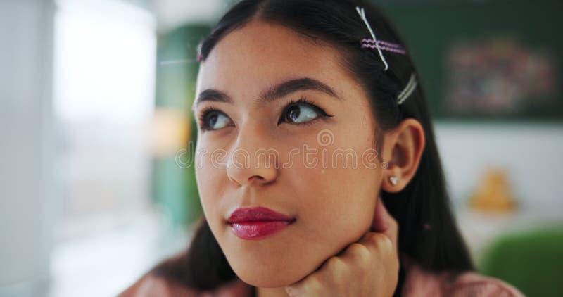 Girl, Student and Thinking in Home with Closeup for Thoughts or Ideas ...