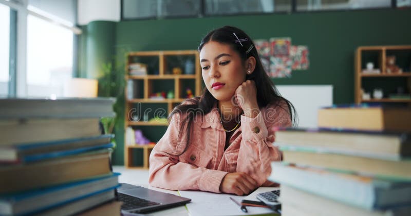 Girl, Student and Thinking in Home for Ideas with Calculator for School ...