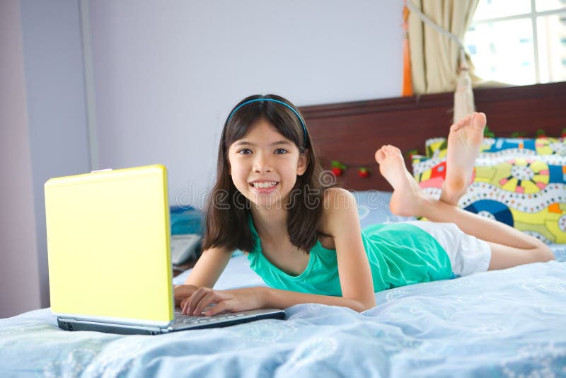 Girl Student Using Laptop in Bedroom Stock Image - Image of ...