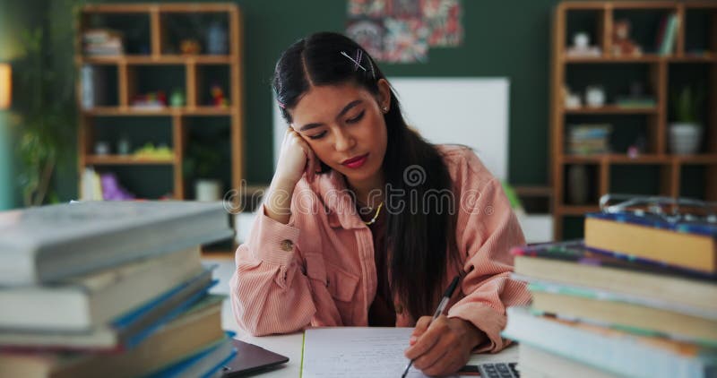 Girl, Student and Writing Notes in Home for School with Calculator for ...