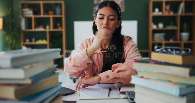 Girl, Student and Writing Notes in Home for School with Calculator for ...