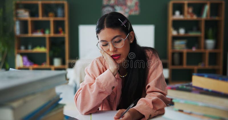 Girl, Student and Writing Notes in Home for School with Calculator for ...