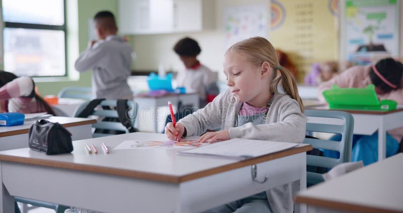 Girl, Students and Coloring in Classroom for Creative Learning, Visual ...