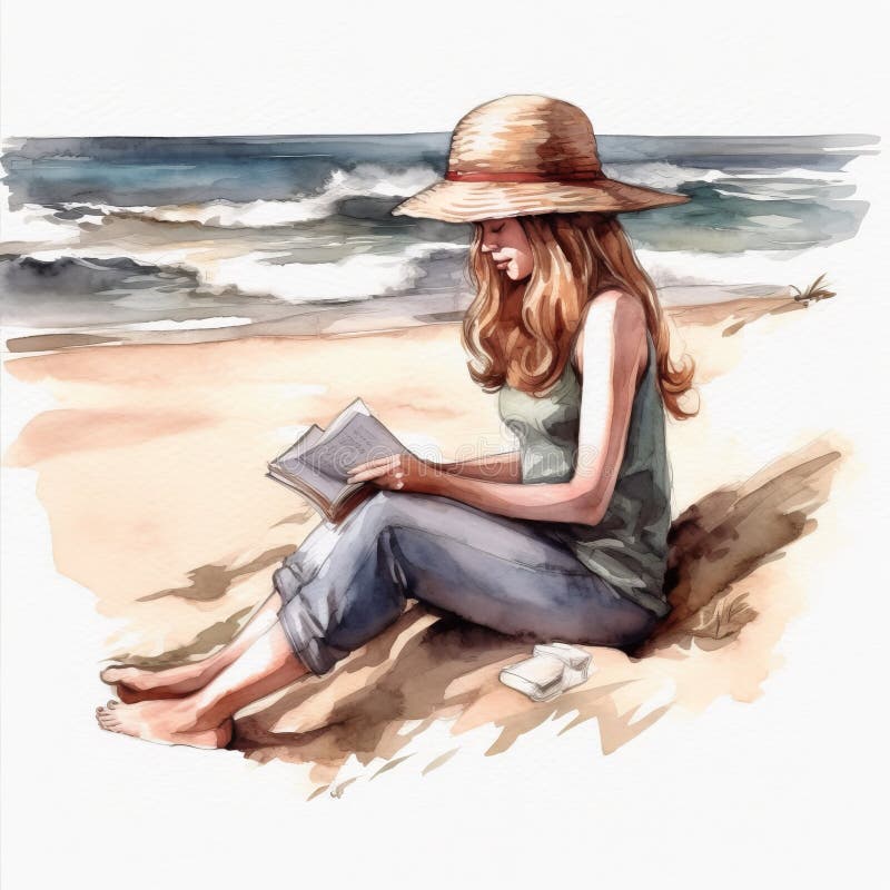 A Girl Study on Beach Hand Drawn Illustration Image Generative AI Stock ...