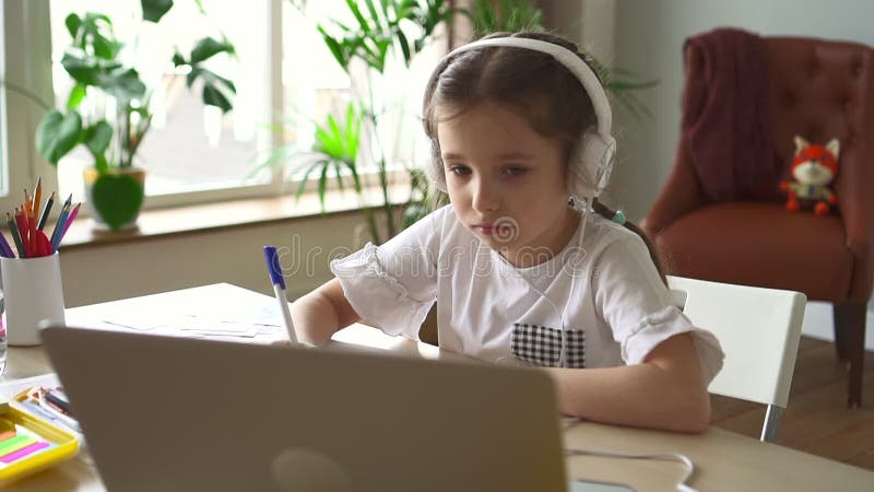 Girl Study Online with Laptop, Learning with Video Call and Notebook ...