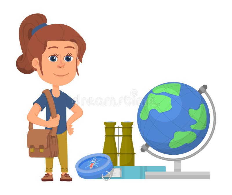 Girl Studying Geography Concept. Child with Navigation Tools Stock ...