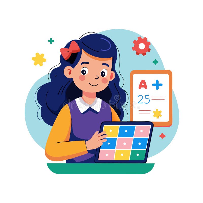 Girl Studying Math Online with Tablet and Board Illustration Stock ...