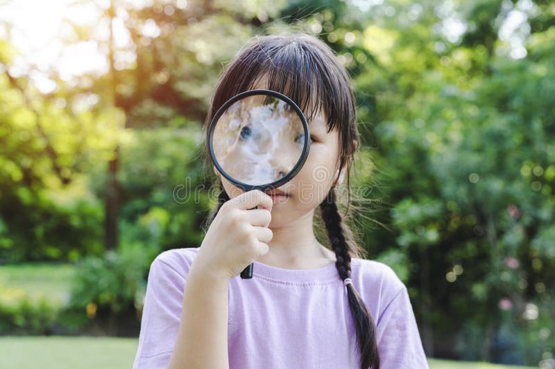 Girl with Studying Nature Looking through Magnifying Glass, Explore ...